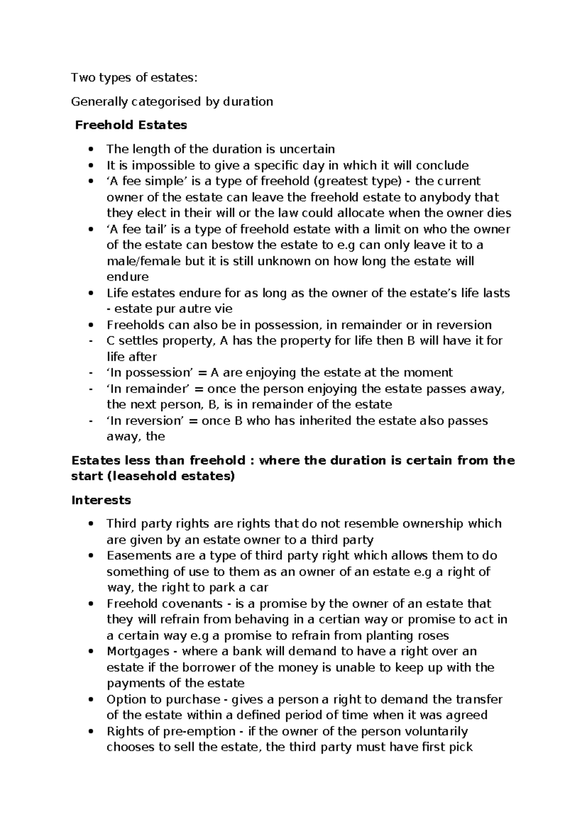 Lecture 2: Understanding Freehold and Leasehold Estates - Studocu