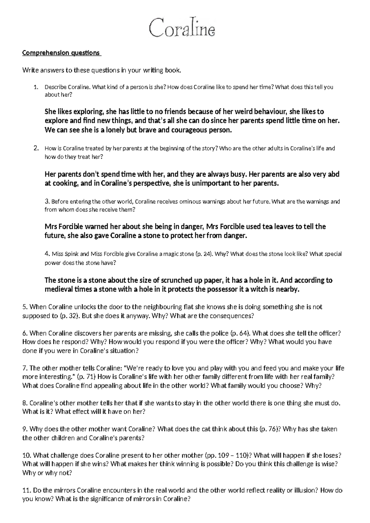 Year 7 - Coraline - Detailed Comprehension Questions & Insights - Studocu