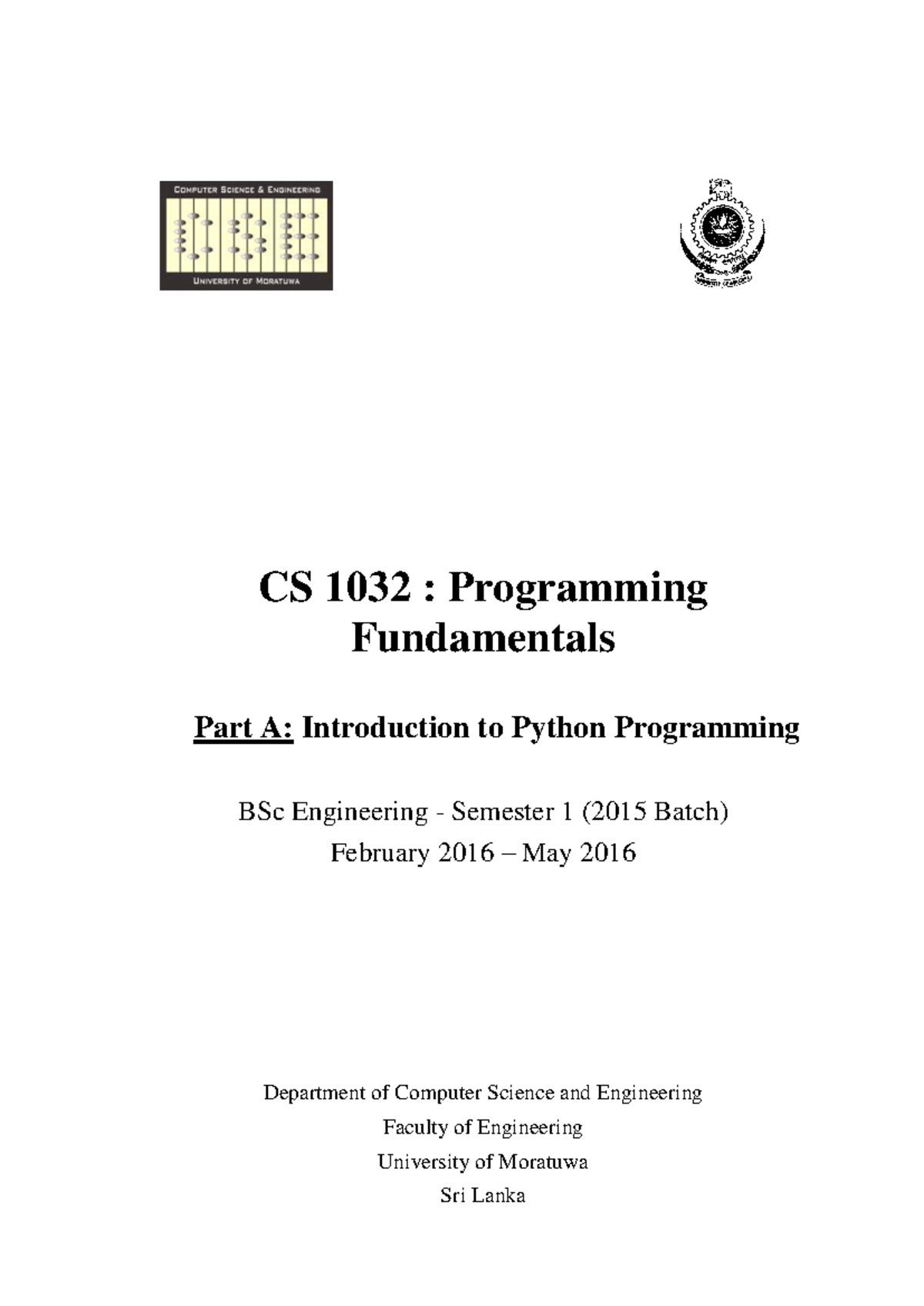 CS1032 Part A- Introduction to Python Programming - CS 1032 ...