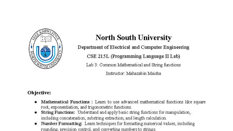 CSE 215L Lab 3: Advanced Math & String Functions Guide - Studocu