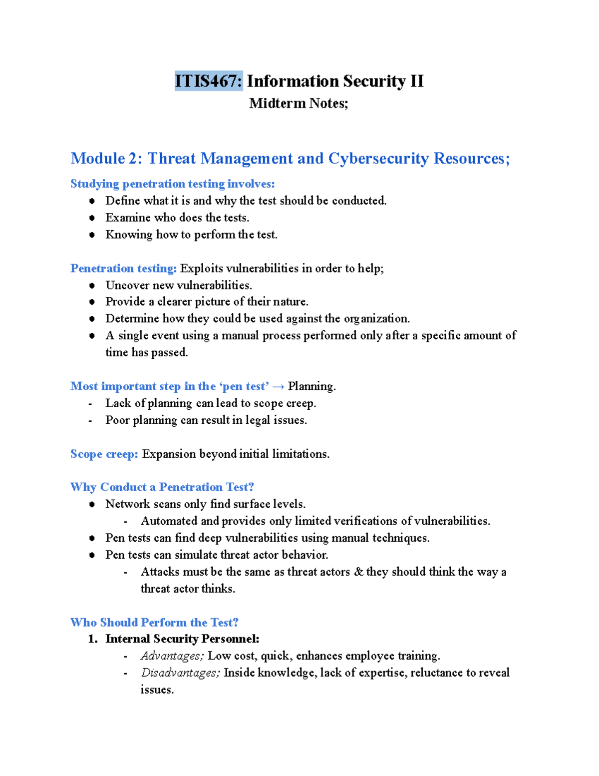 ITIS467: Information Security II Midterm Notes on Threat Management ...
