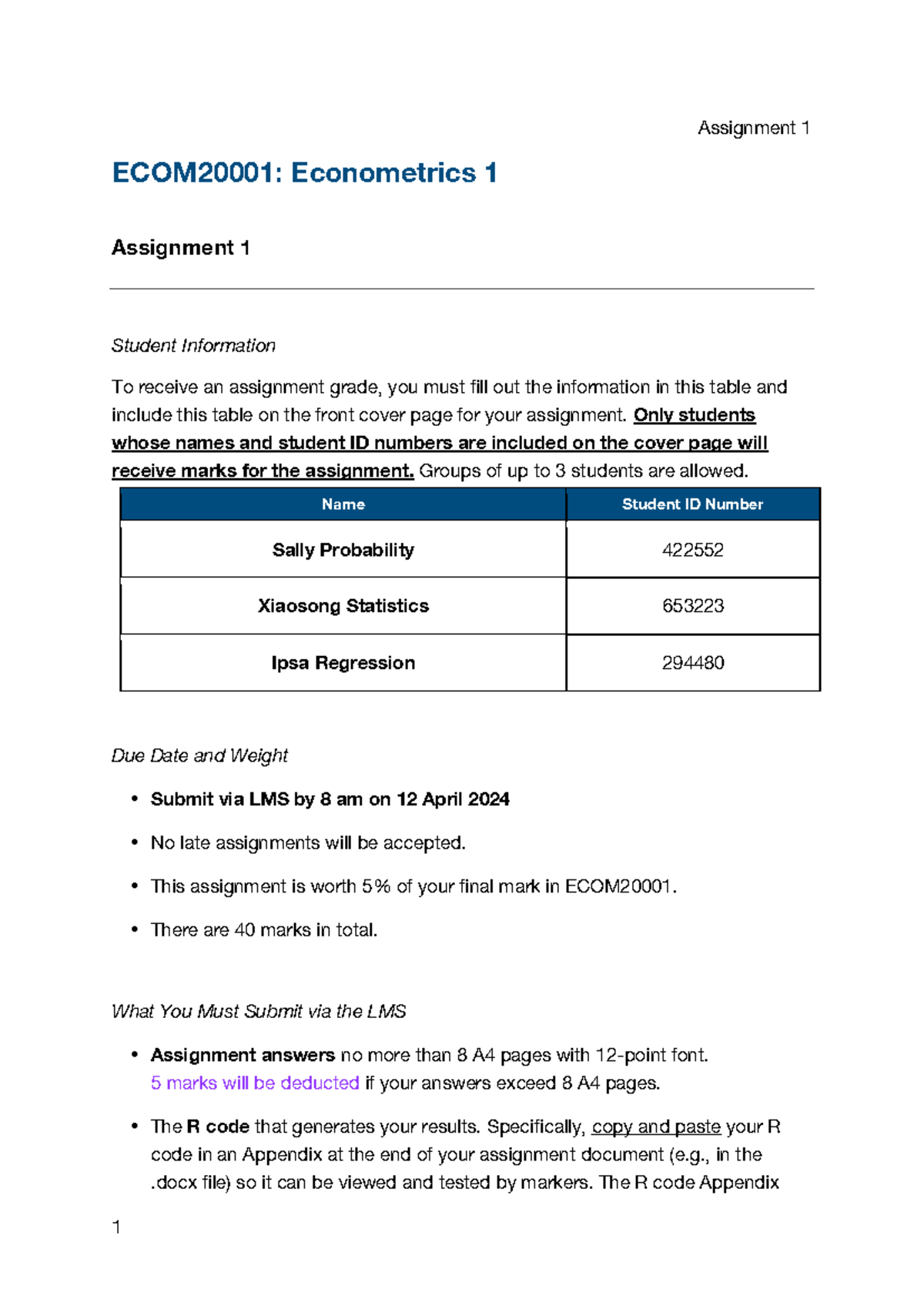 As1 2024SM1 - Assignment 1 Qs - ECOM20001: Econometrics 1 Assignment 1 ...