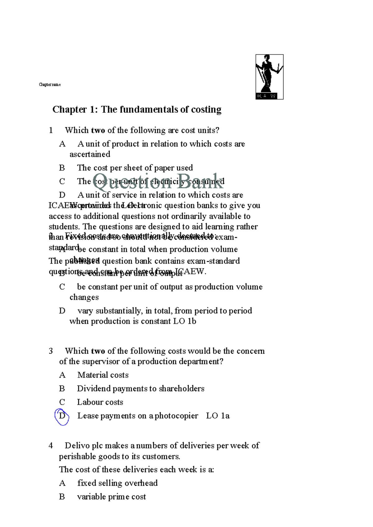ICAEW 2022 Chapter 1: Fundamentals of Costing - Quiz Questions - Studocu