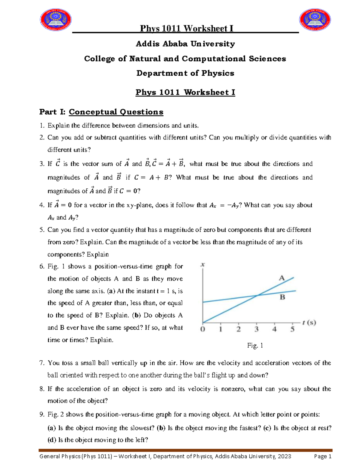 Phys 1011: General Physics Worksheet I - Conceptual & Workout Problems - Studocu