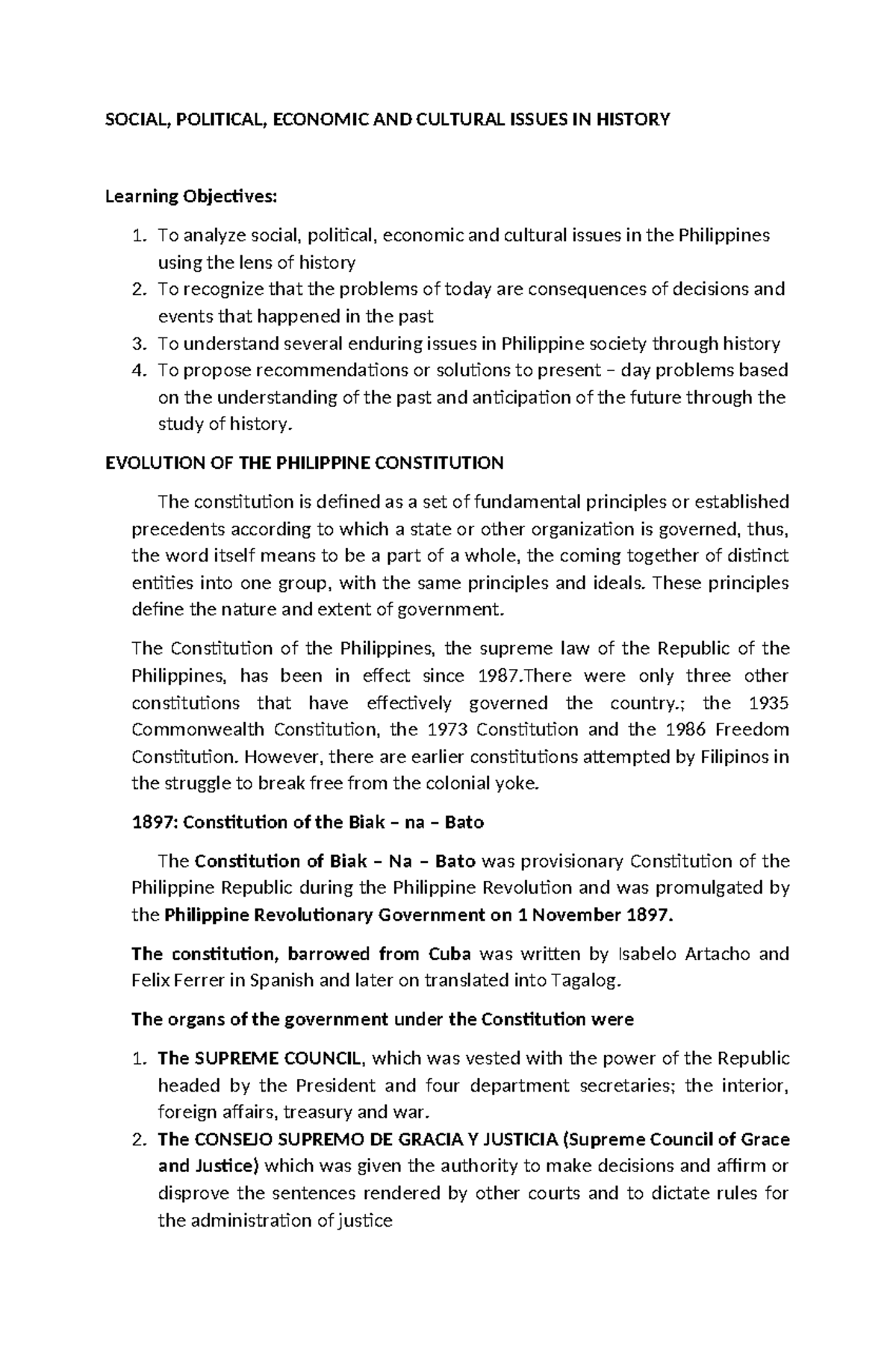 HIST-4: Social, Political, Economic & Cultural Issues in Philippine ...