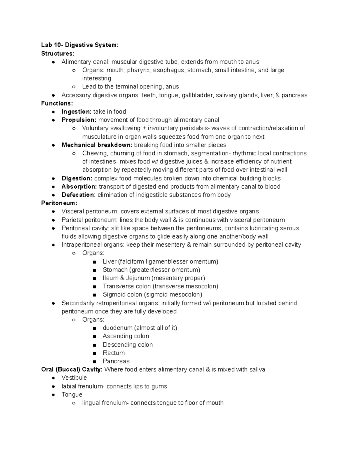 UNL BIOS 214 LAB - Lab 10: Digestive System Overview and Functions ...