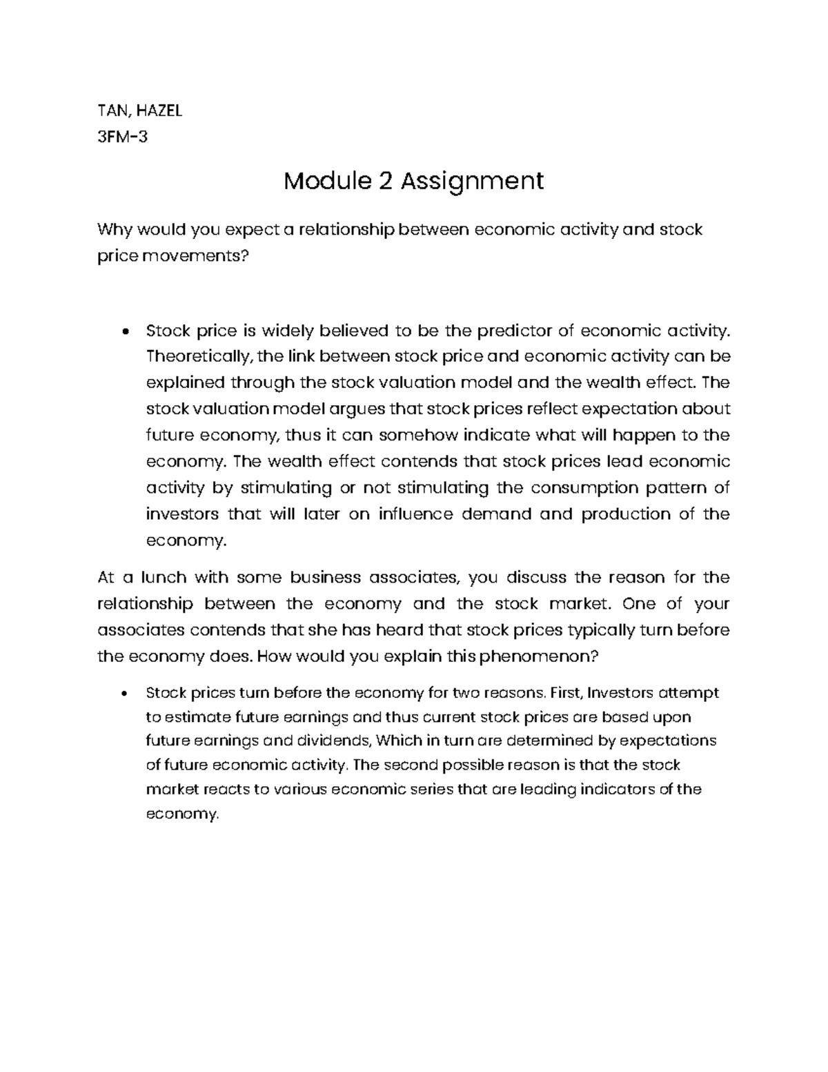 Module 2 Assignment 3FM: Economic Activity & Stock Price Relation - Studocu