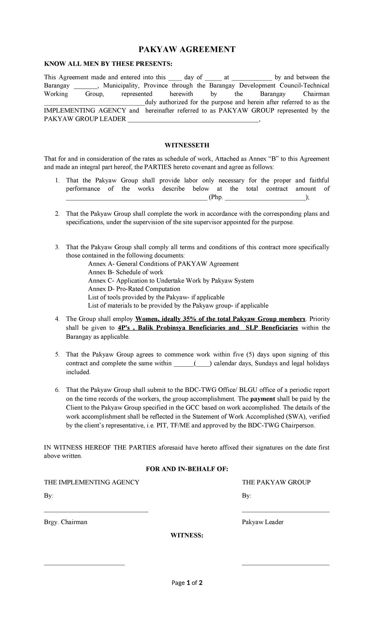 Pakyaw Agreement: Labor Provision Terms and Conditions - Studocu