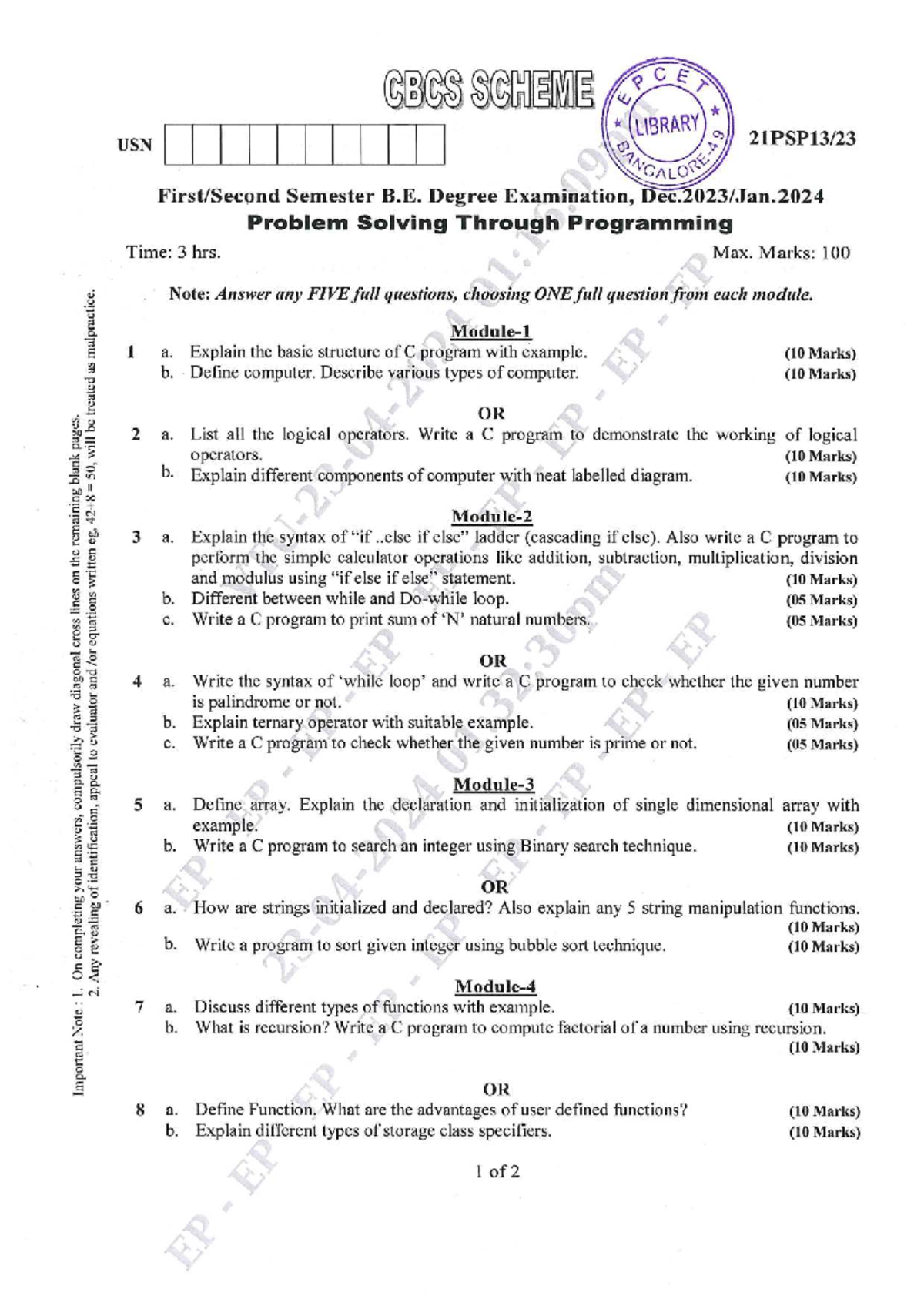 21PSP13-23-JAN2024 - Problem Solving Through Programming Exam Guide - Studocu