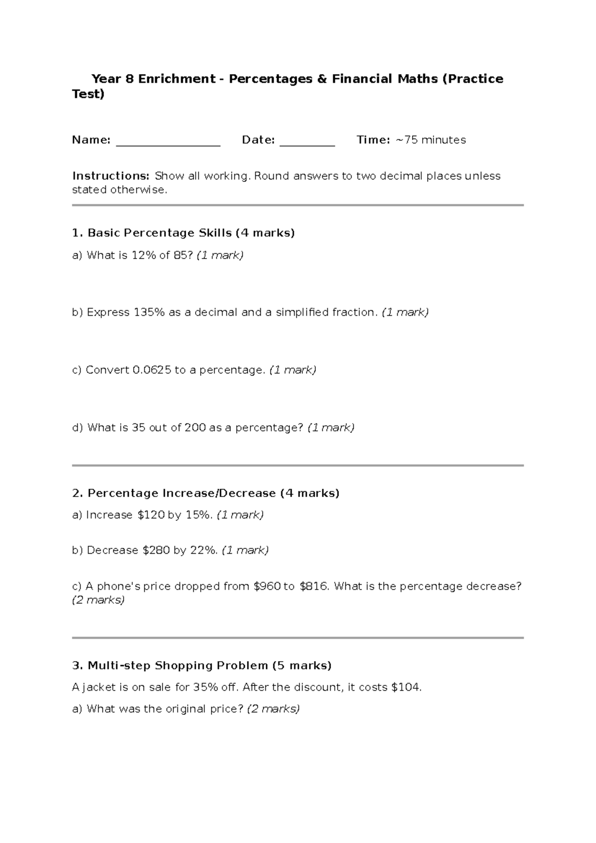 2025 Year 8 Financial Maths Percentages Practice Test - Studocu