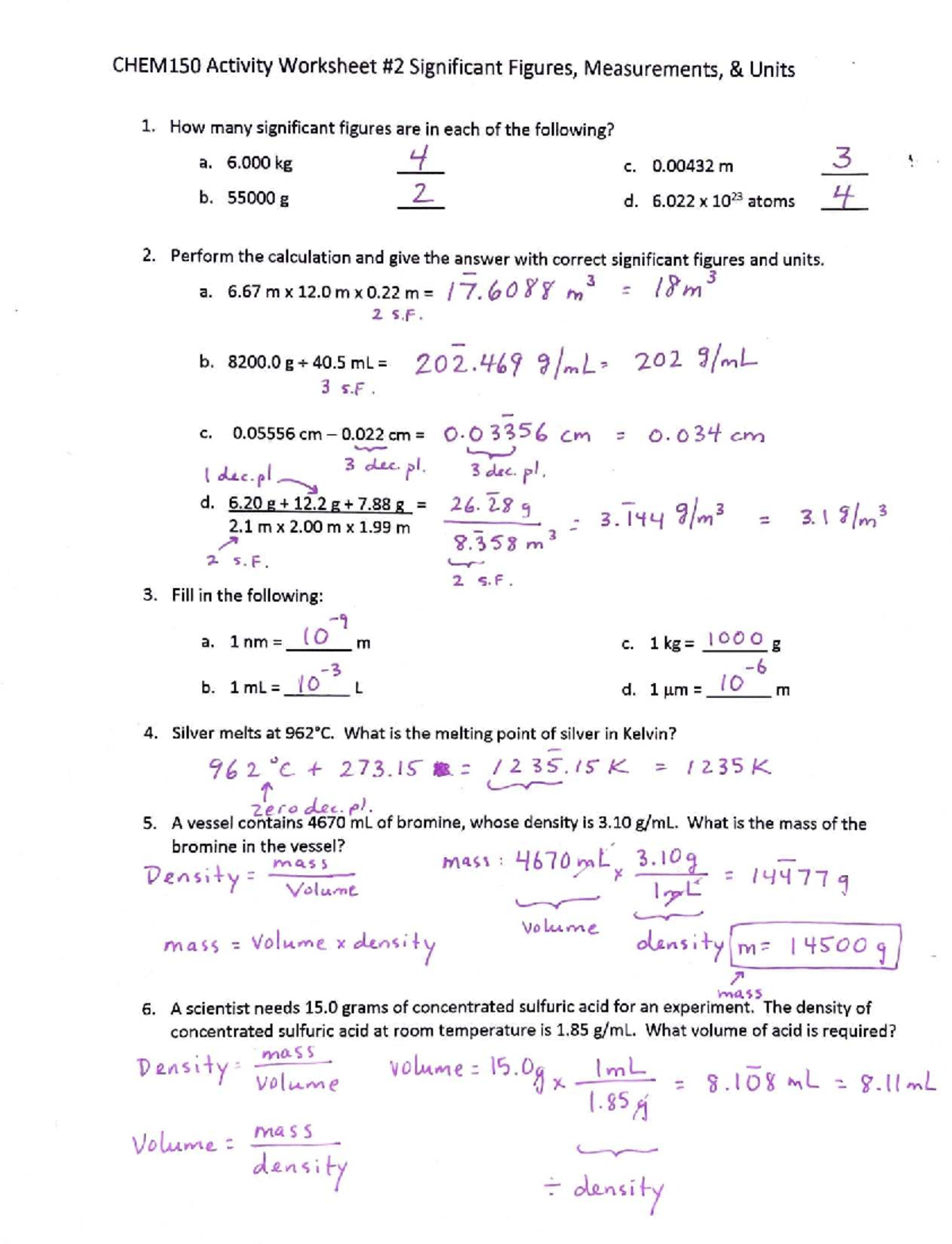 CHEM 150 Activity Worksheet #2: Significant Figures & Measurements ...