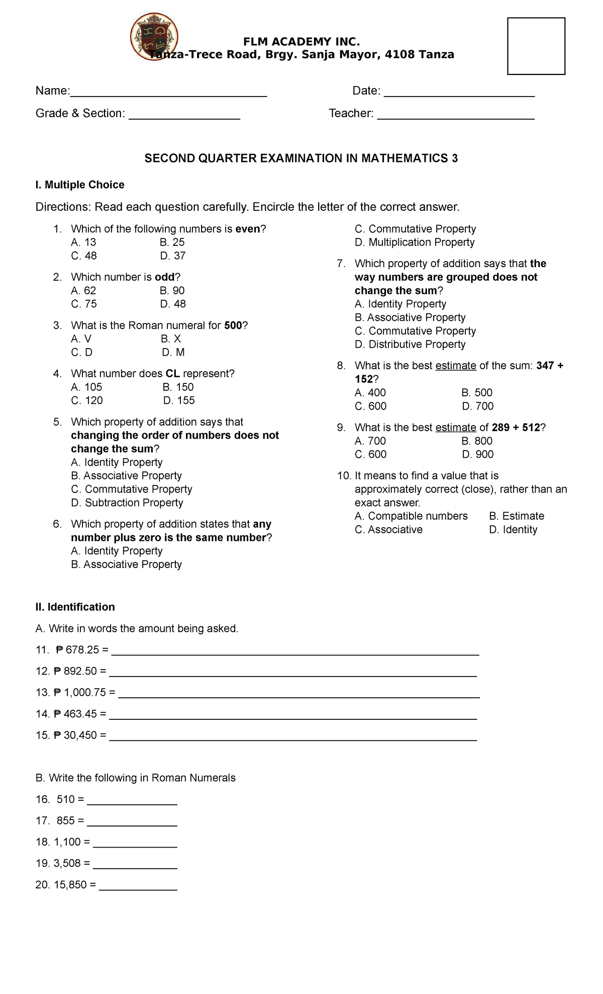 SECOND QUARTER EXAMINATION IN MATHEMATICS 3 (FLM) - Studocu