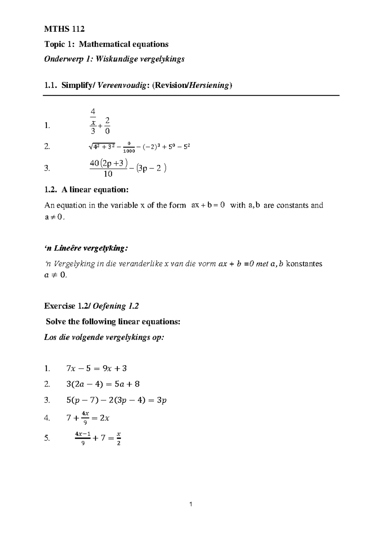 MTHS 112 Topic 1 2023 - Mathematical Equations Class Work - Studocu