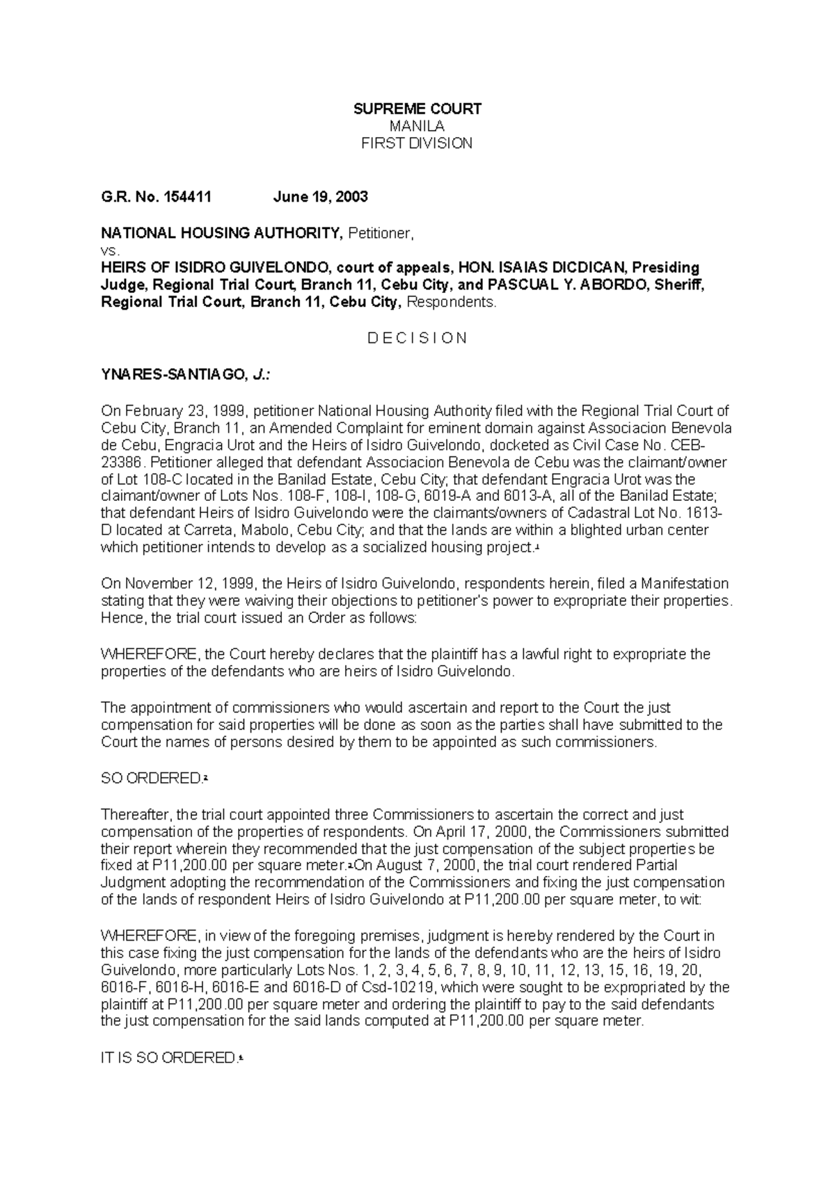 NHA vs. Heirs of Guivelondo: Expropriation Case Review (G.R. No. 154411 ...