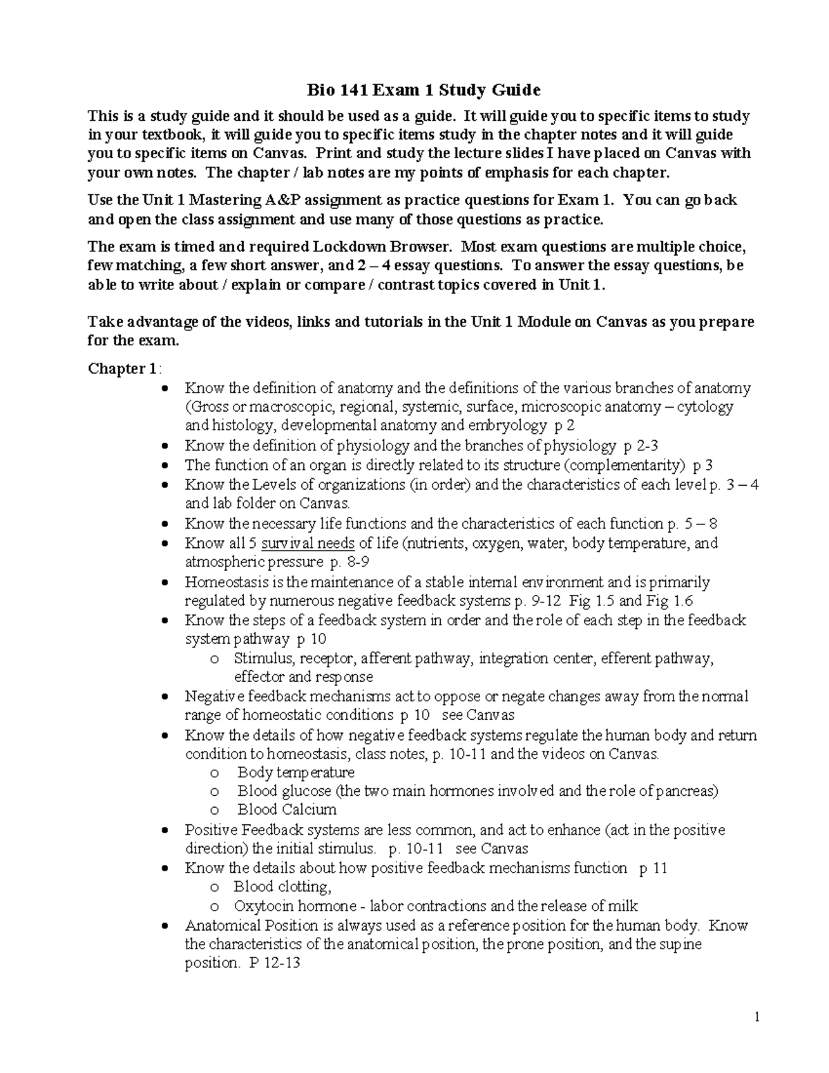 Bio 141 Exam 1 Study Guide: Key Concepts and Topics Overview - Bio 141 ...