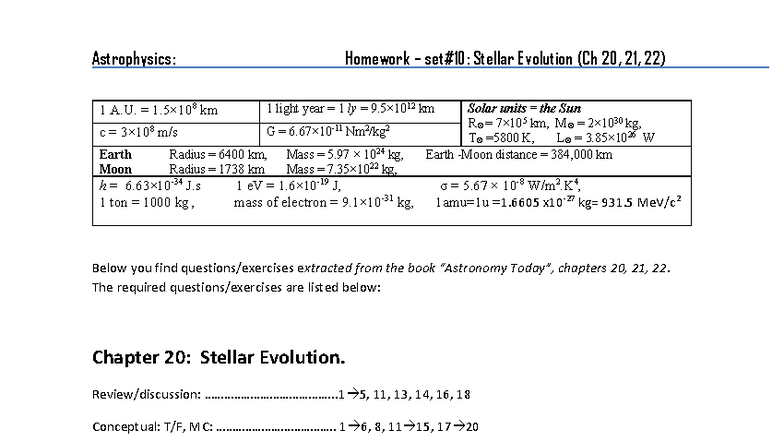 HW10: Stellar Evolution Homework (Ch 20, 21, 22) Summary & Problems ...