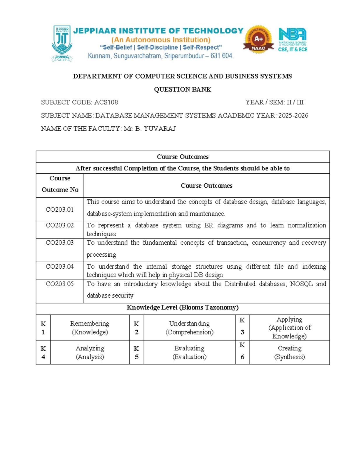 14.ACS108 - Database Management Systems Question Bank - Studocu