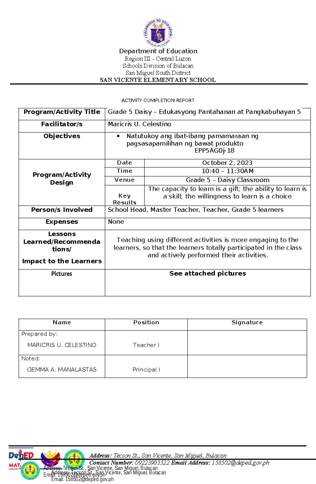 ACR-EPP5 1ST Quarter Accomplishment Report - Grade 5 Activities - Studocu