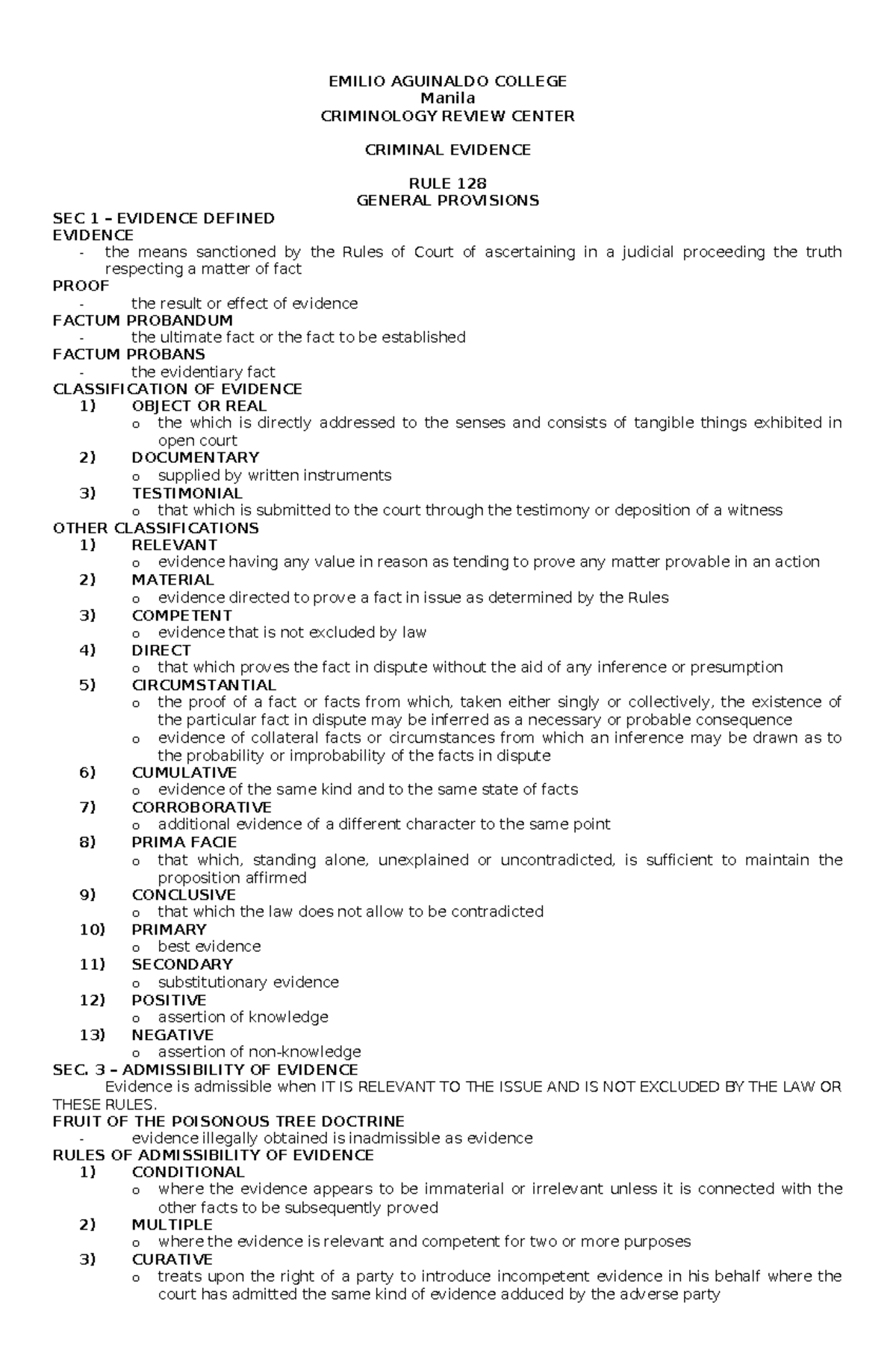 CRIM 101: Comprehensive Notes on Criminal Evidence Rules and Provisions ...