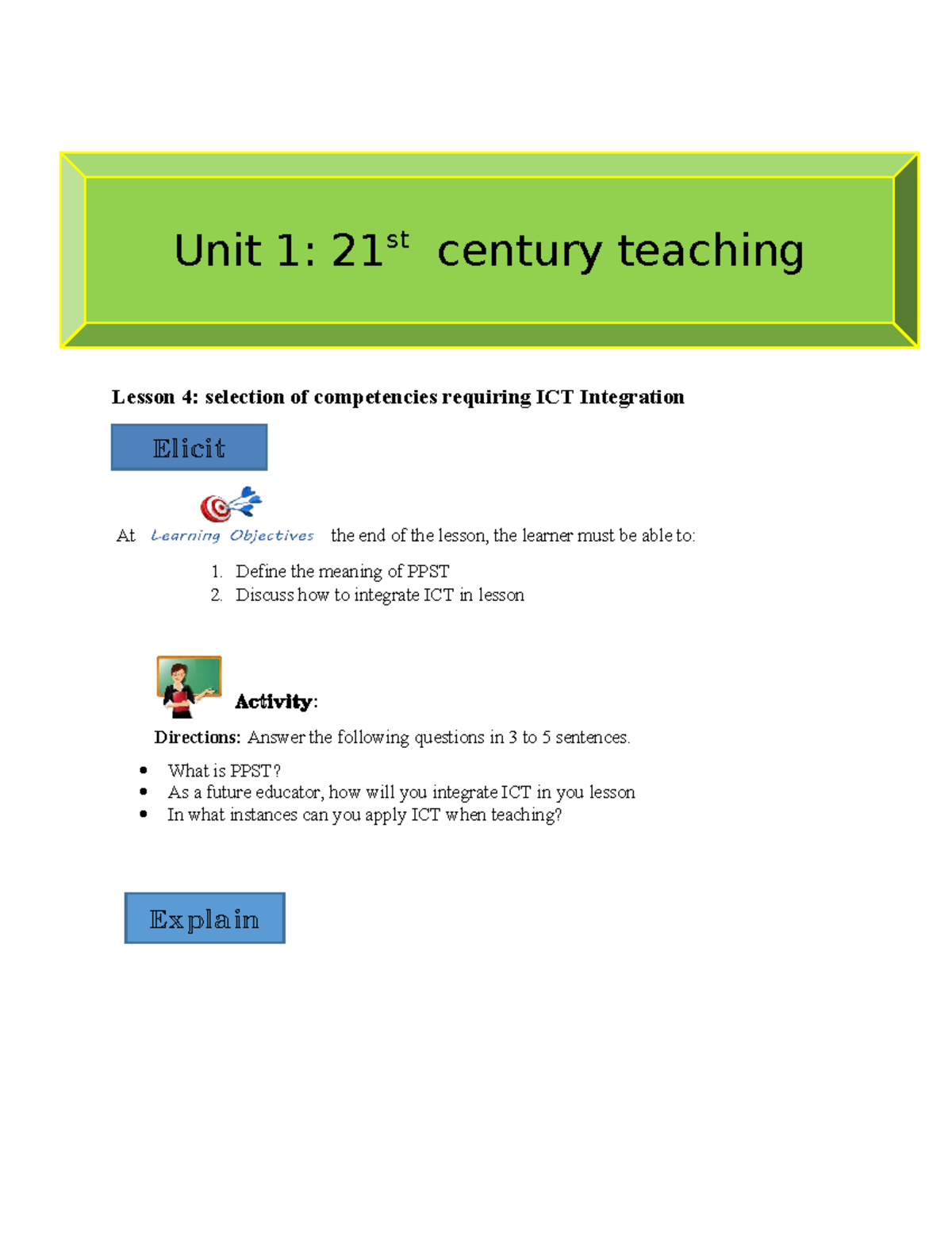 Unit 1: 21st Century Teaching - Lesson 4: ICT Integration Competencies - Studocu