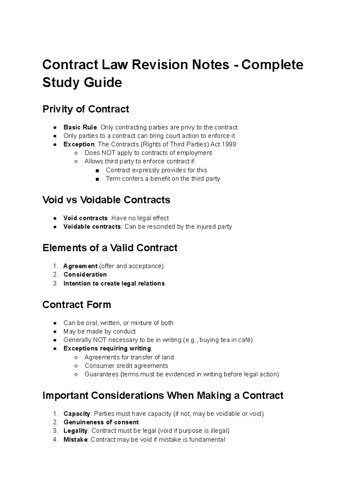 Contract Law 1 - Lecture 1: Comprehensive Revision Notes on Privity and ...