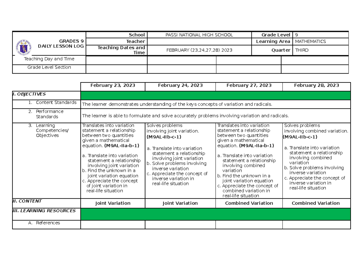 DLL on Variation - Daily Lesson Plan for Grade 9 Mathematics - Studocu