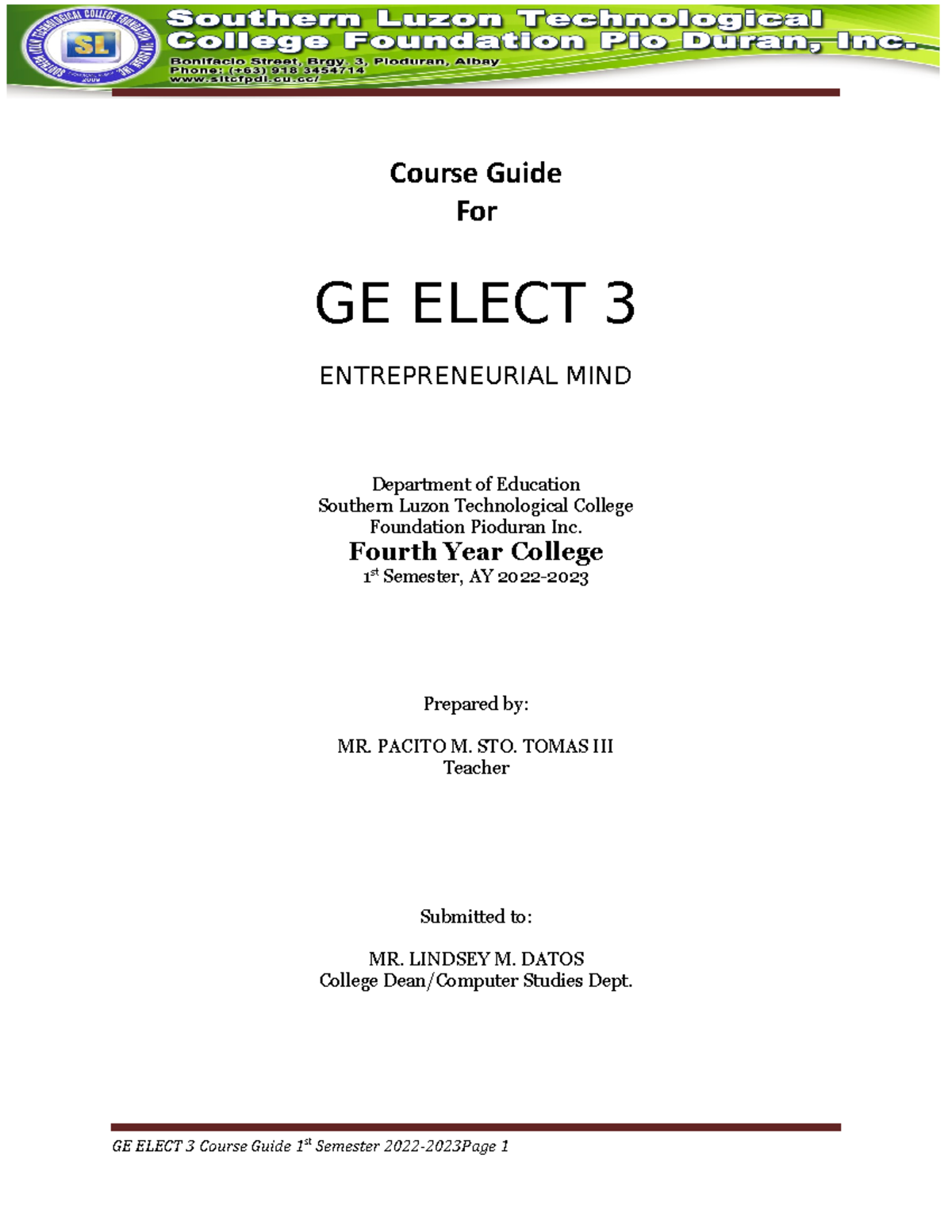 Course guide GE Elect 3 Entrepreneurial Mind - Course Guide For GE ...