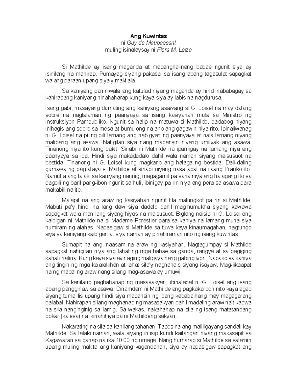 Kuwintas ni Mathilde: Isang Analisis sa “Ang Kuwintas” - nmm - Studocu