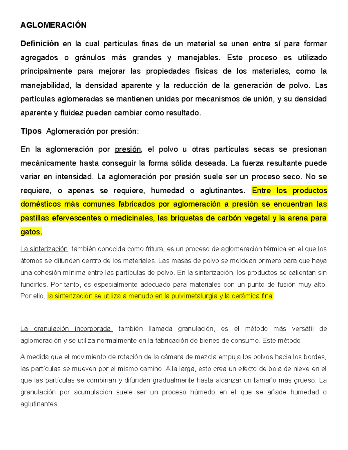 Aglomeración: Procesos, Métodos y Factores Mecánicos en Industria - Studocu