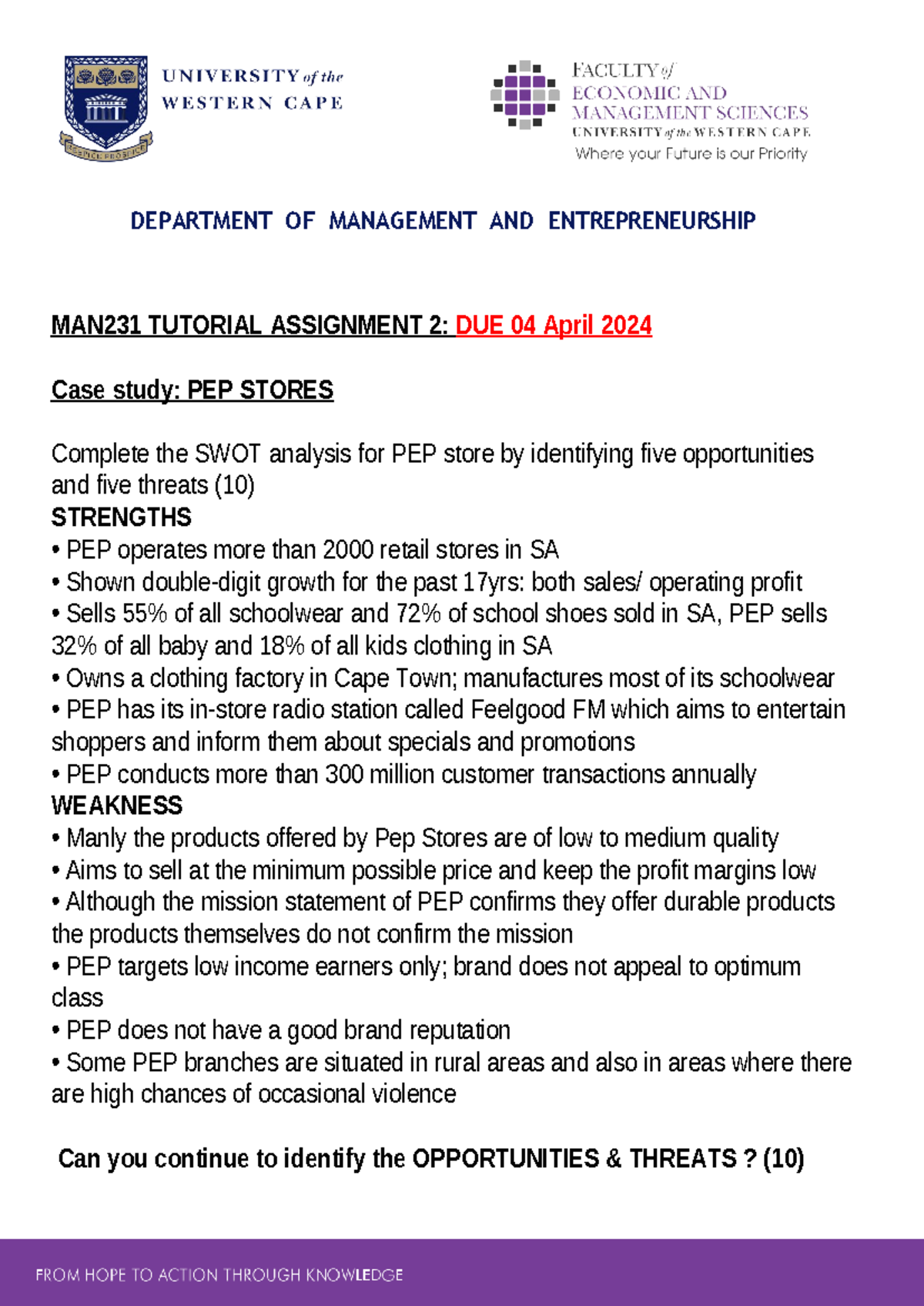 MAN231 Tutorial assignment 2 for 02 april 2024 - DEPARTMENT OF ...