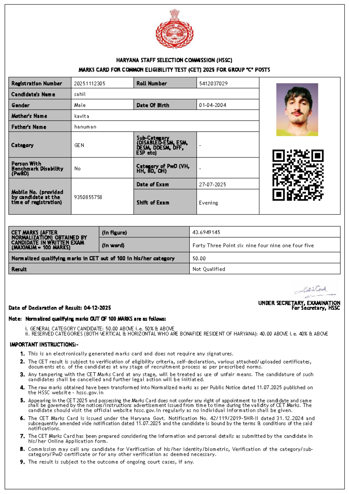 HSSC CET 2025 Marks Card for Group Posts - Result Not Qualified - Studocu