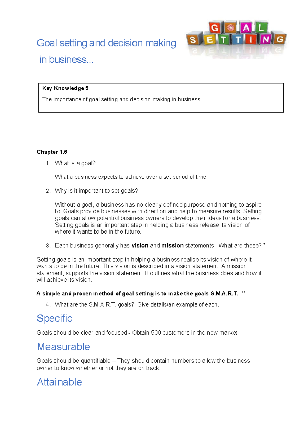 KK5 - Goal setting and decision making in business - .. Chapter 1. 1 ...