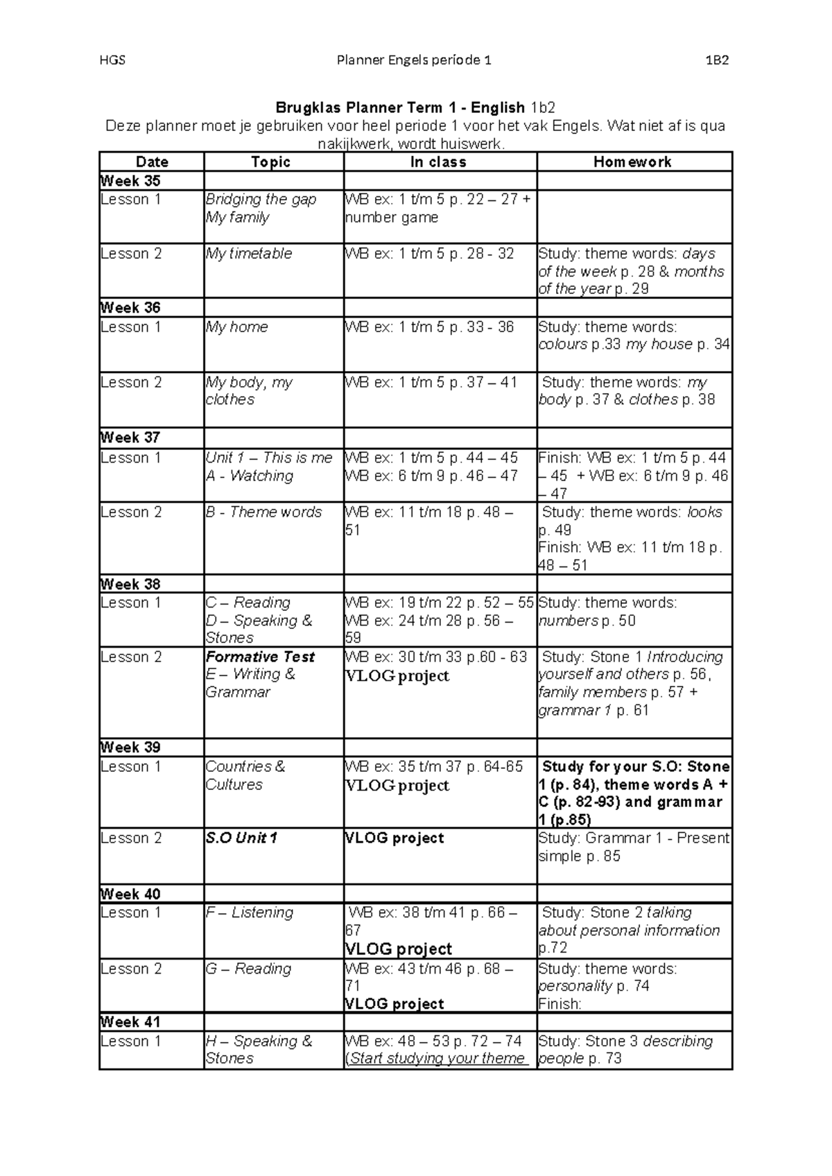 Brugklas Planner Term 1 HGS Engels 1B2 2023-2024 - Studeersnel