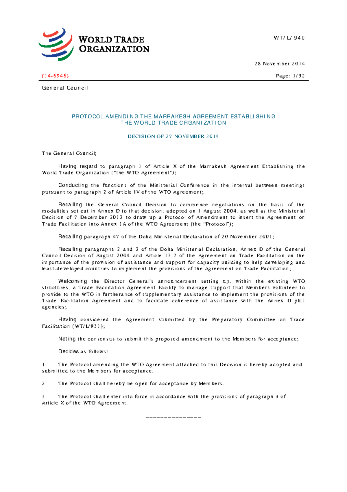 Trade Facilitation Agreement Protocol - WTO Document 070855 - Studocu