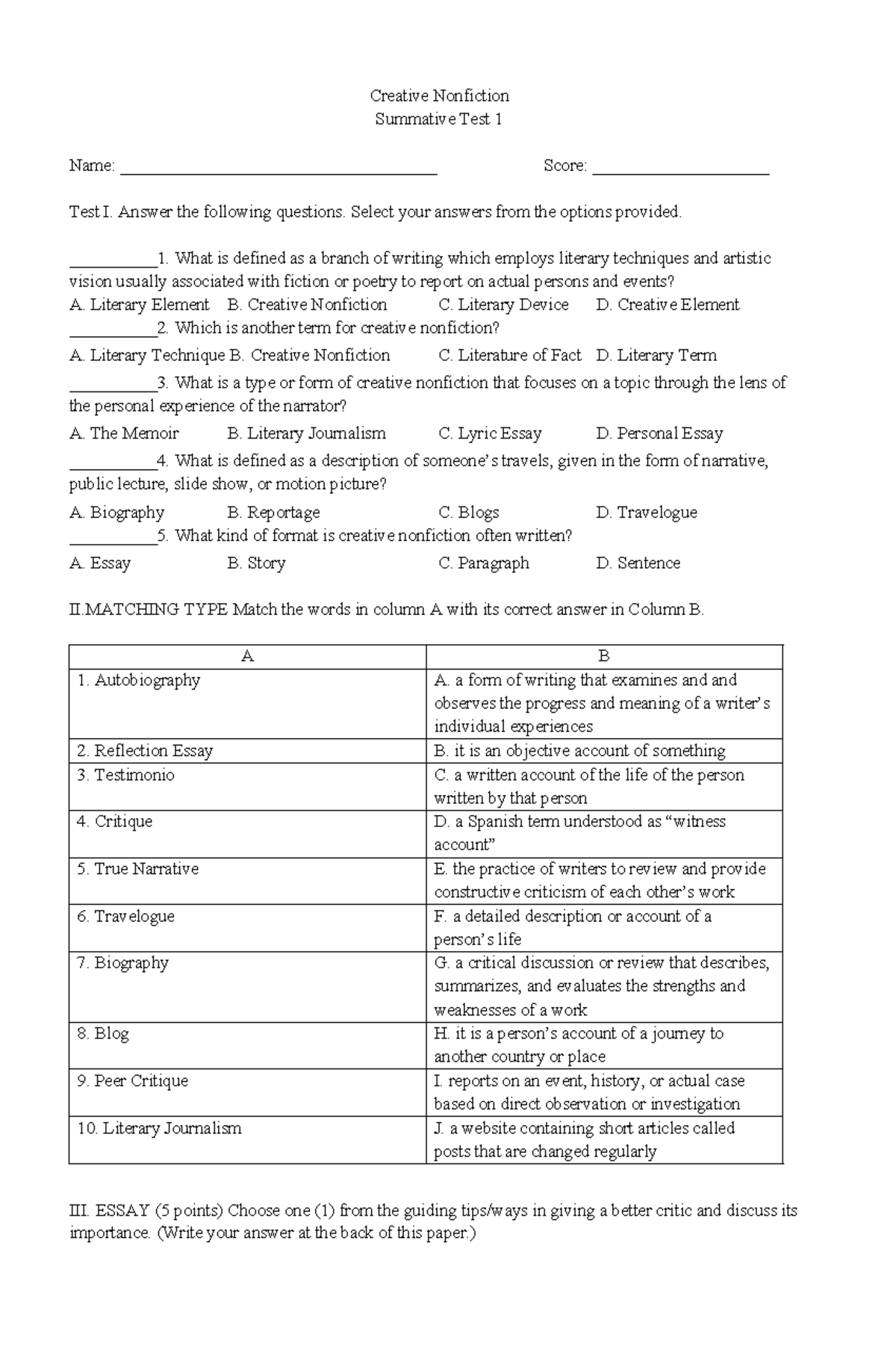 Week 1 Summative Test on Creative Nonfiction for Grade 12HUMSS Students ...