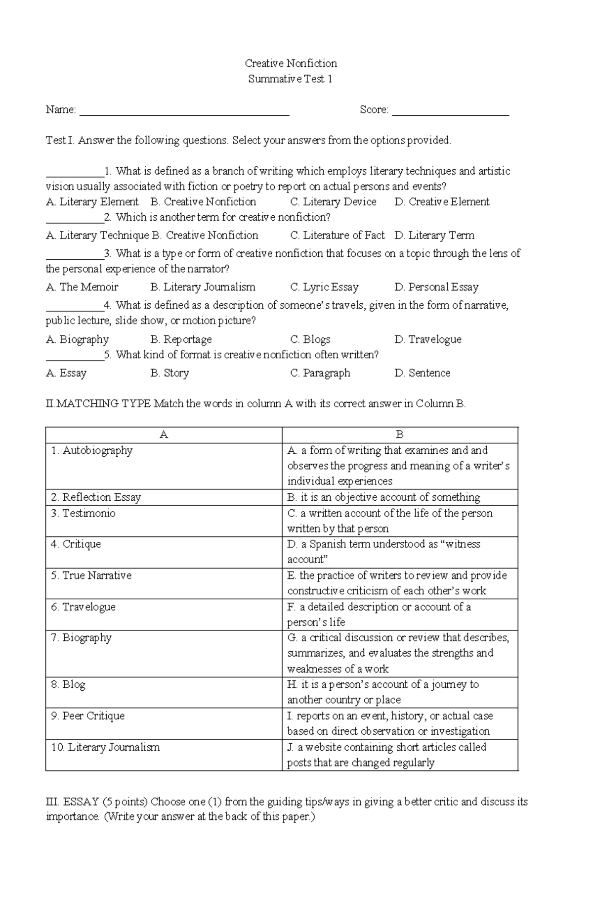 Q3RW Grade 11 Summative Test 4 - Reading and Writing Worksheet - Studocu
