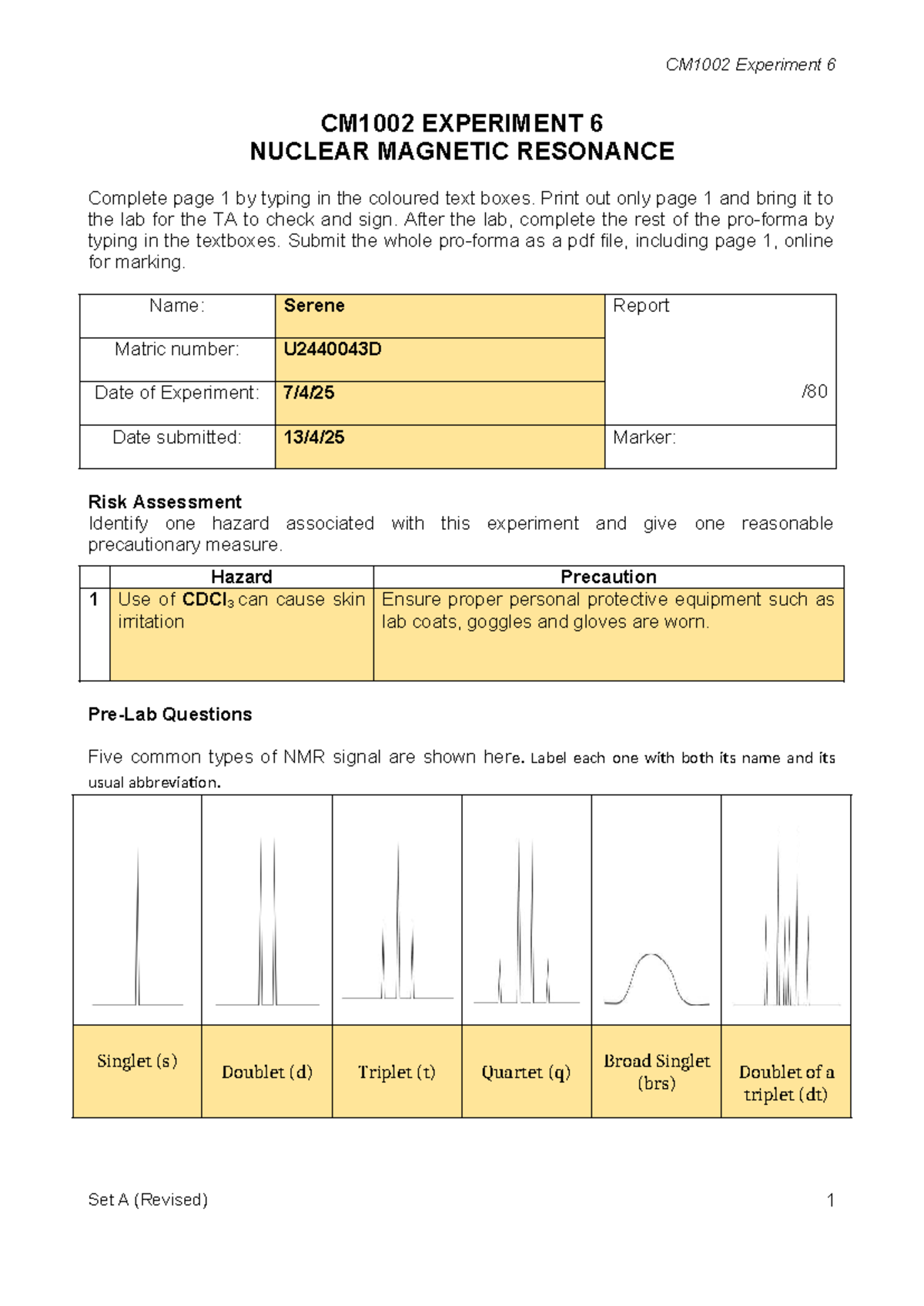 CM1002 Experiment 6: NMR Analysis and Report Submission Guide - Studocu