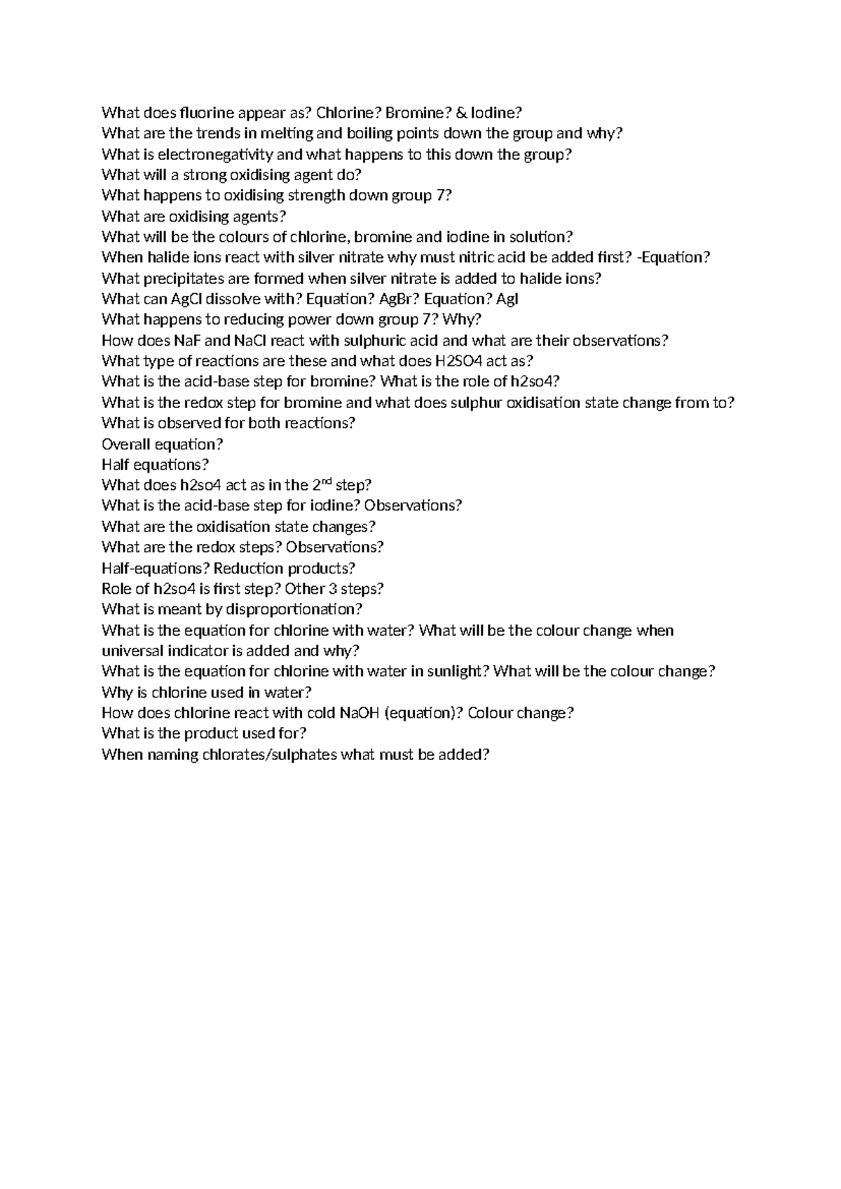 Group 7 - A-Level Questions on Halogens and Their Properties - Studocu