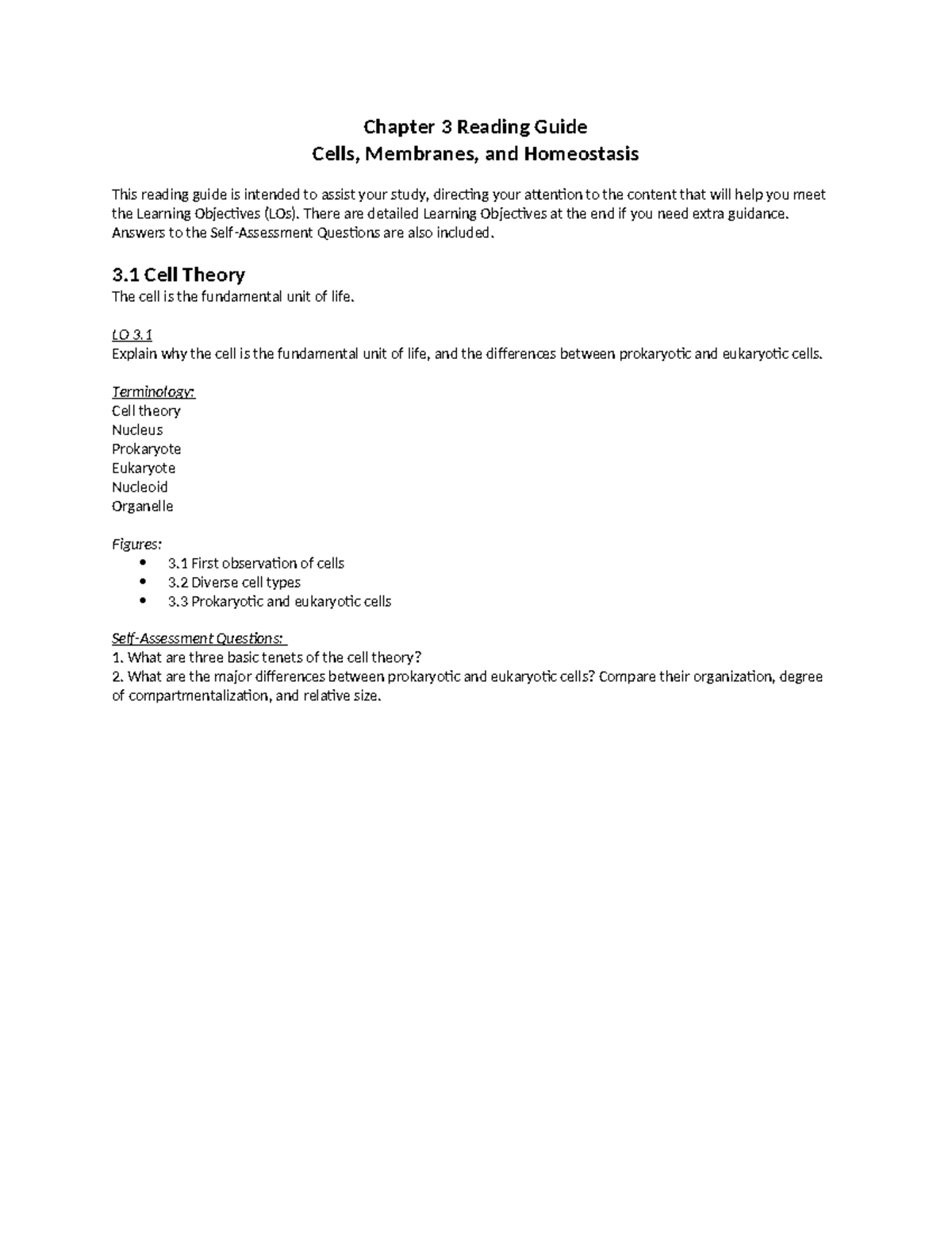 Ch03 Reading Guide: Cells, Membranes, and Homeostasis Overview - Studocu