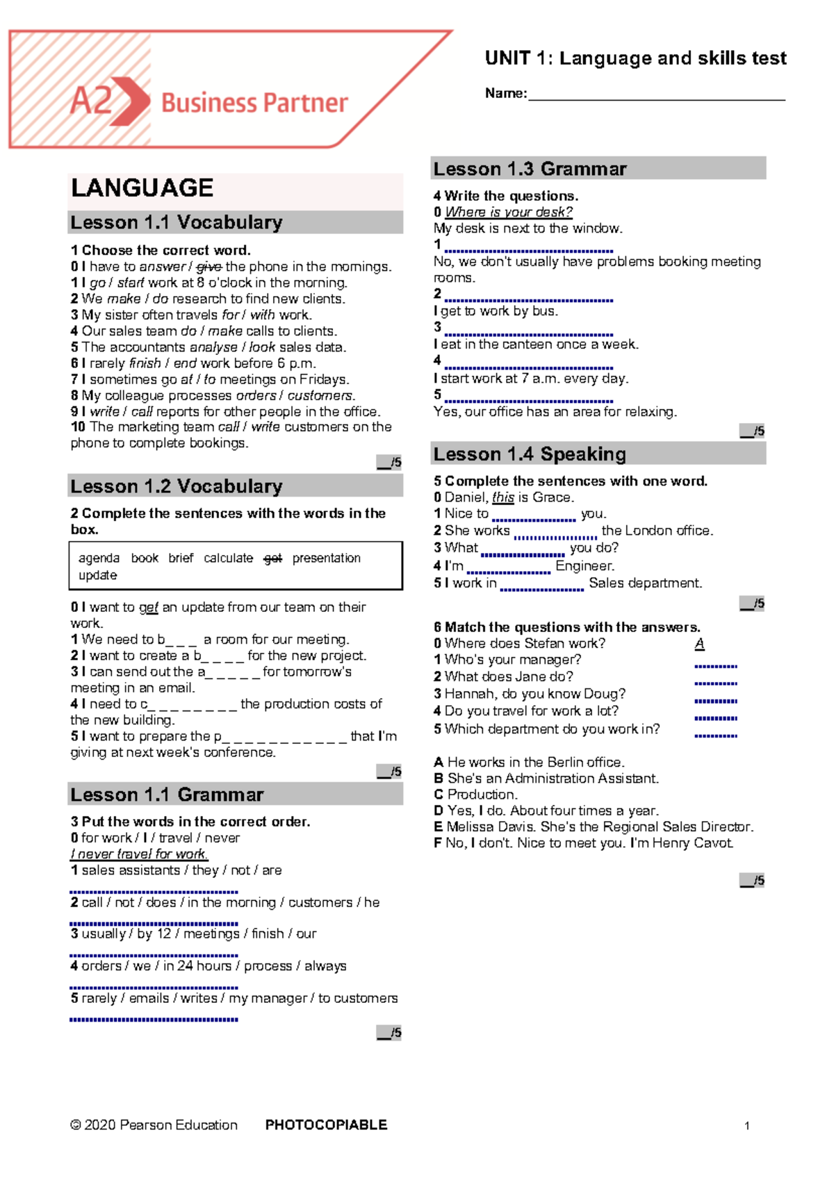 BP A2 Language and Skills Test - Unit 1 Overview - Studocu
