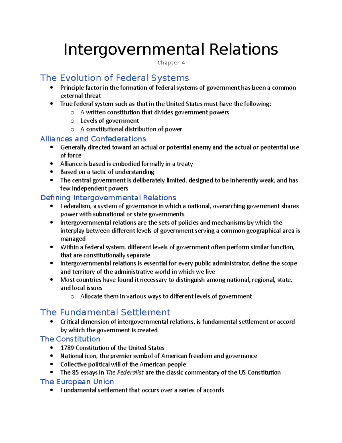 Chapter 4 Notes on Intergovernmental Relations and Federal Systems ...