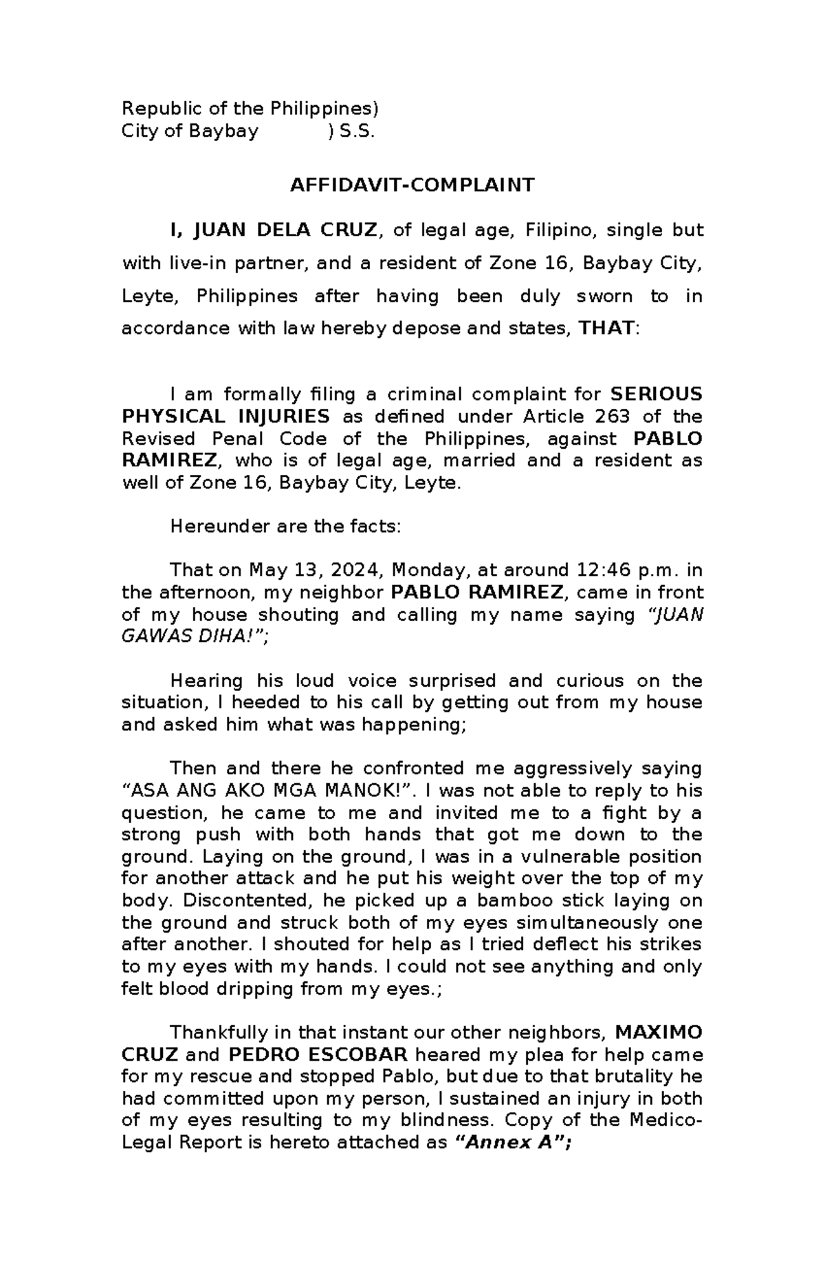 Complaint Affidavit Serious PI - Republic of the Philippines) City of ...