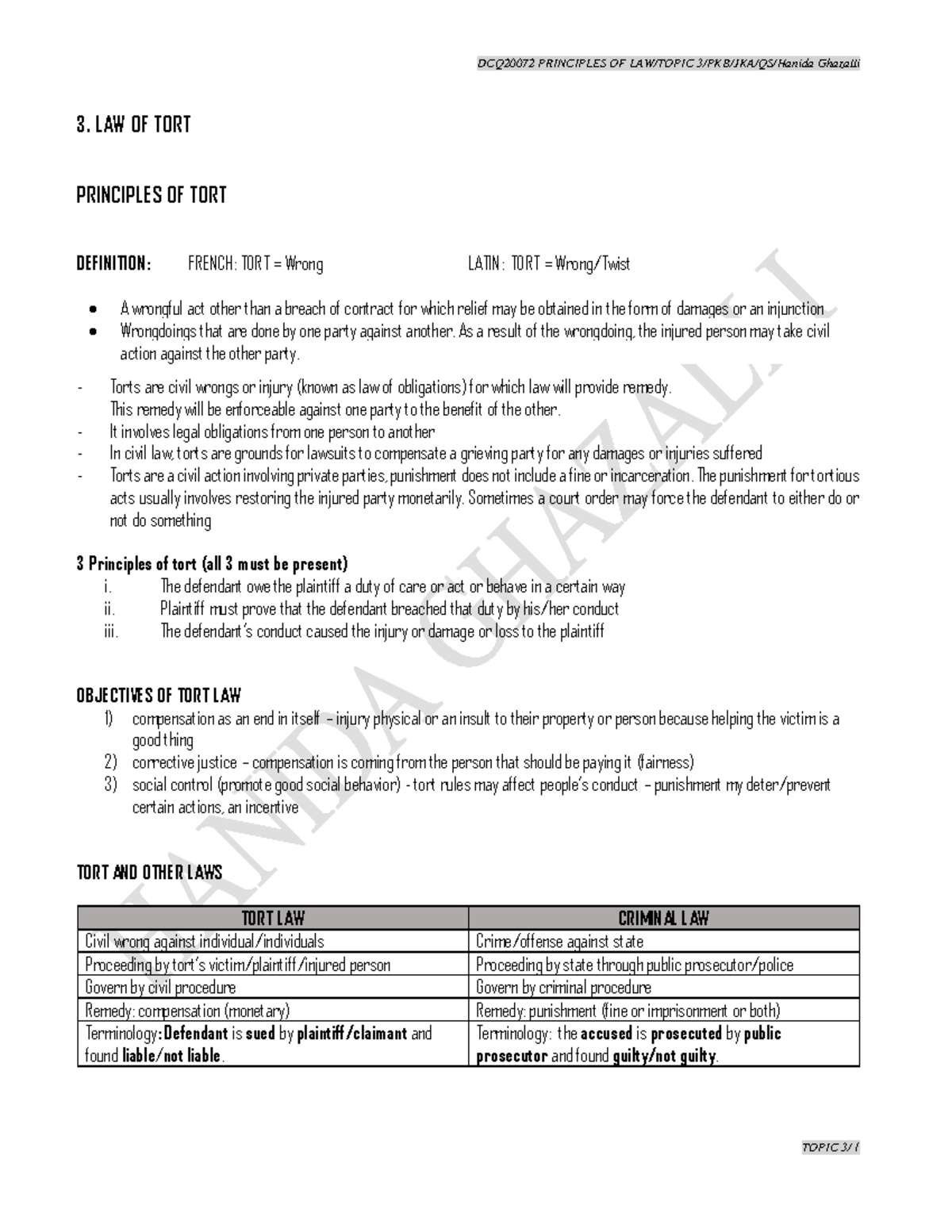 DCQ20072 Principles of Tort Law: Definitions and Objectives - Studocu