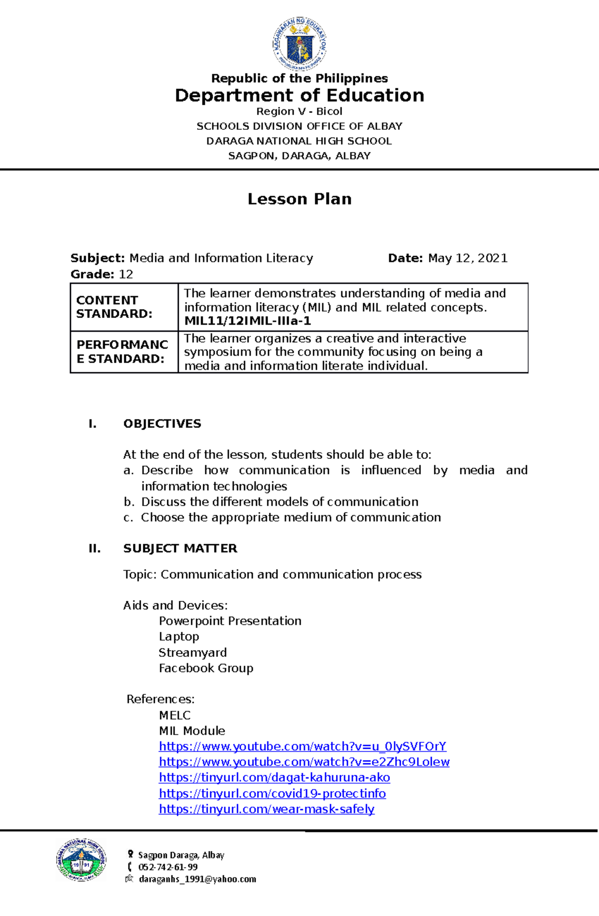 Lesson Plan for Media and Information Literacy MIL 12 COT 1 - Studocu