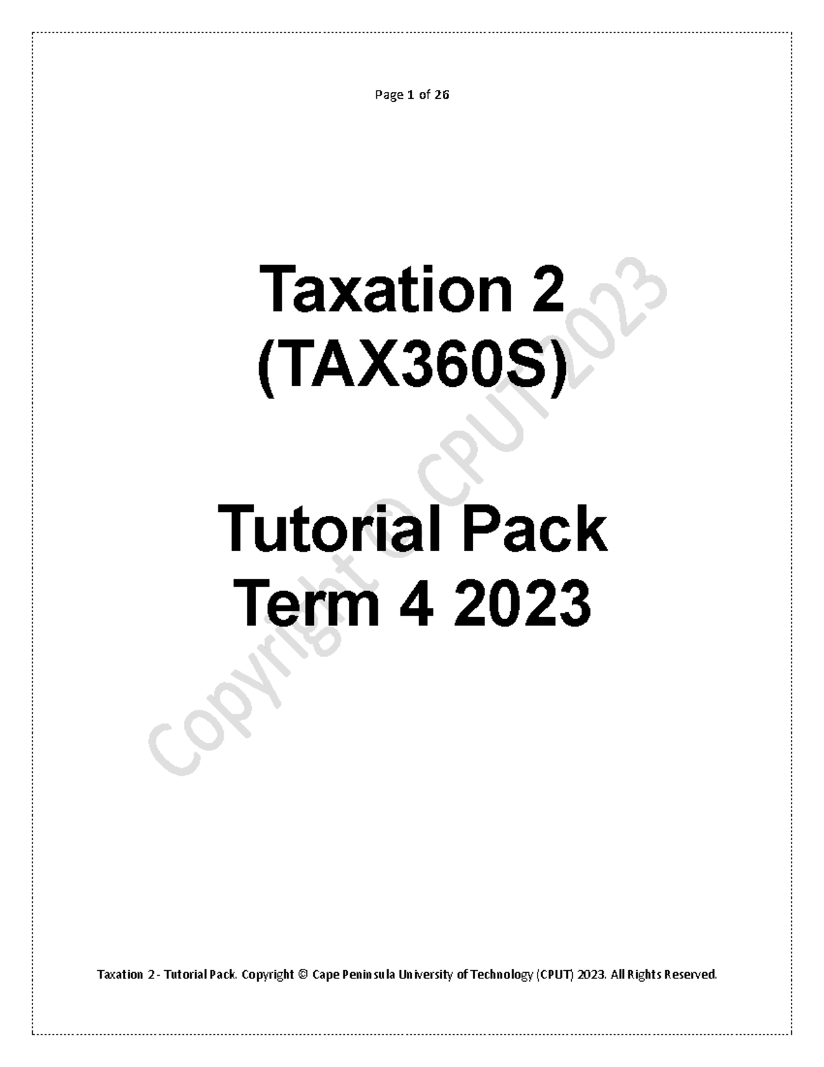 Taxation 2 (TAX360S) Tutorial Pack Questions - Term 4 2023 - Studocu
