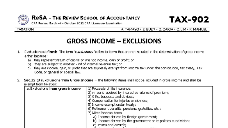 TAX-902 Gross Income Exclusions: Key Concepts and Examples - Studocu