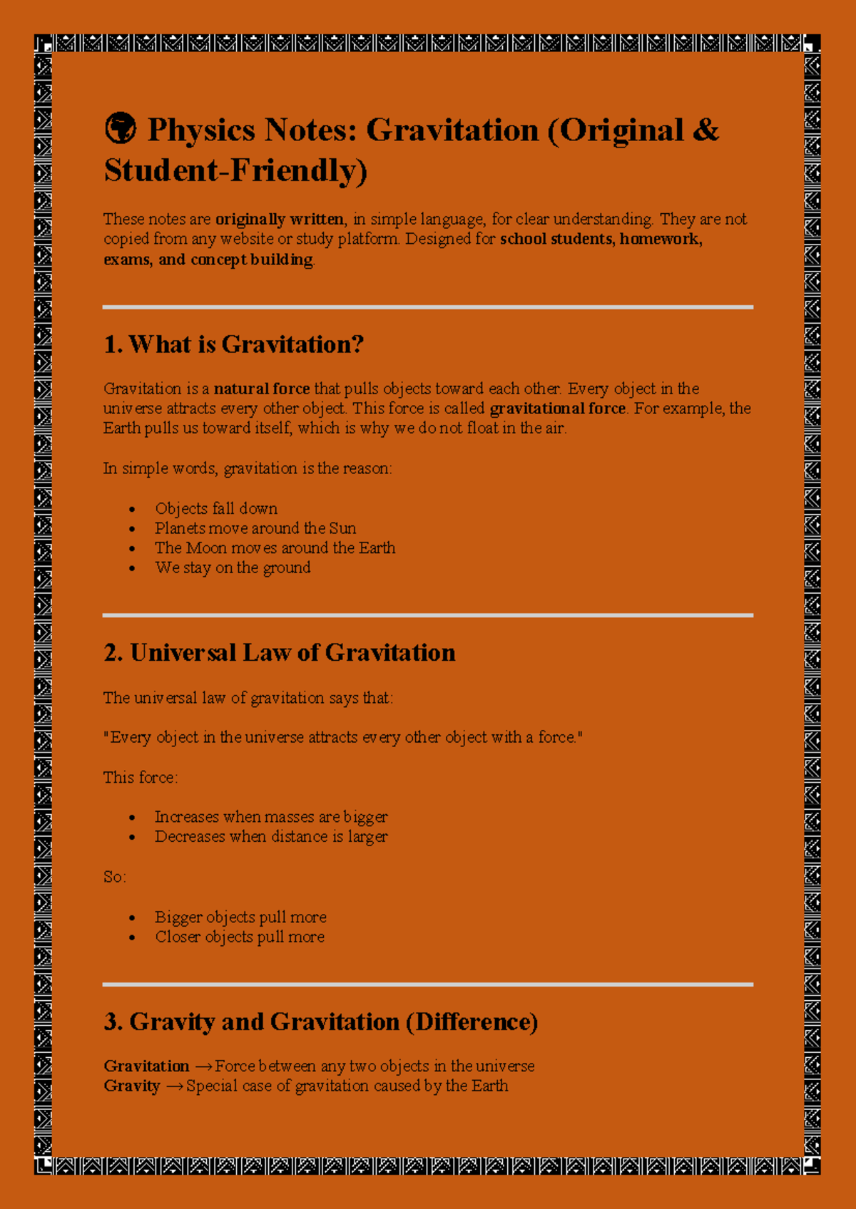 Physics Notes: Gravitation Concepts and Examples - Studocu
