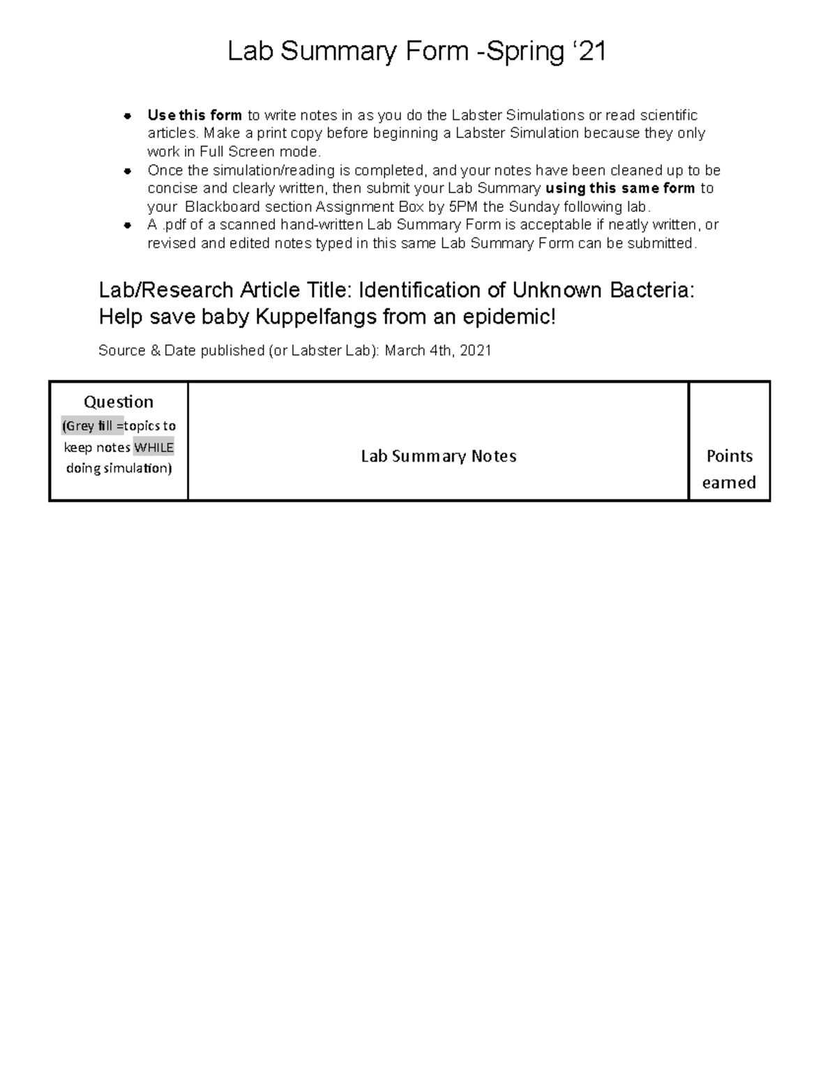 Identification of Unknown Bacteria Lab Summary Form -Sp21 - Lab Summary ...