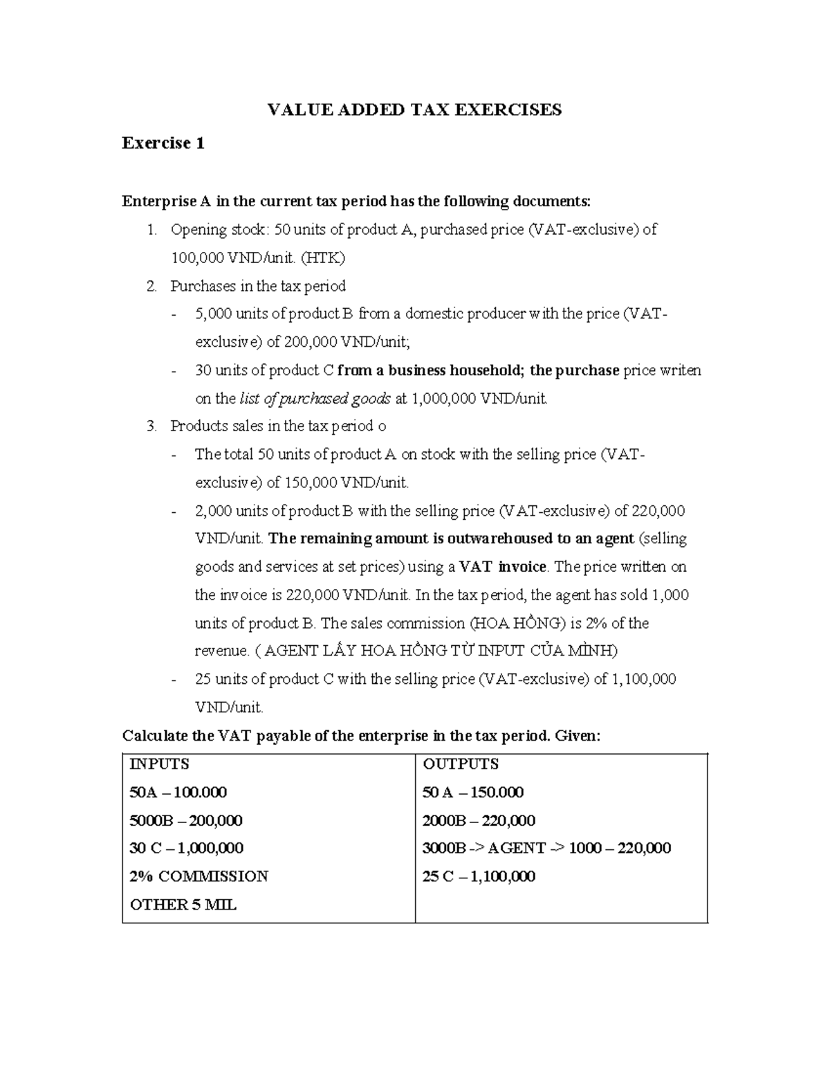 Value Added Tax (VAT) Exercises - Comprehensive Solutions - Studocu