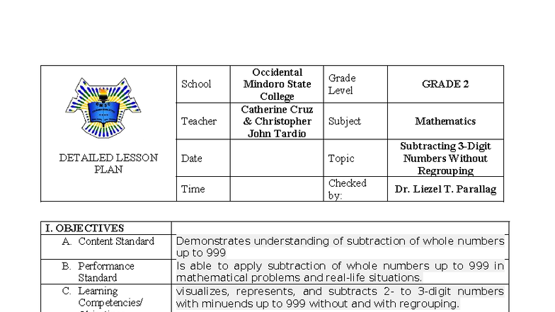 Grade 2 Math Lesson Plan: Subtracting Numbers Without Regrouping - Studocu